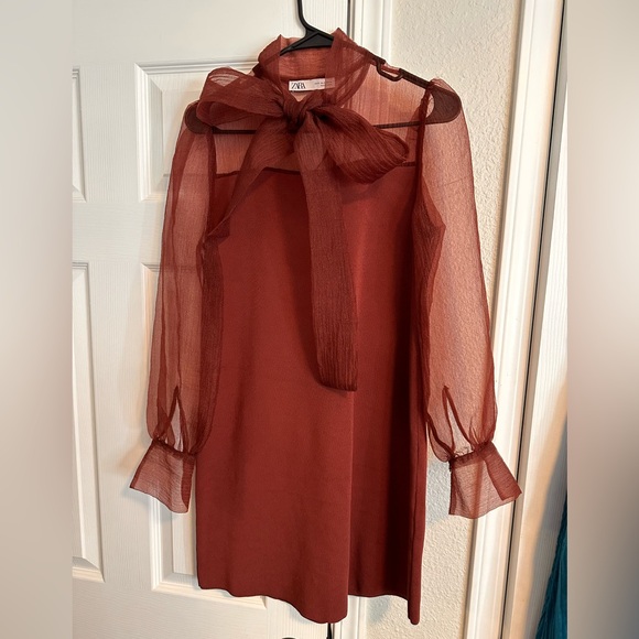 Zara | Dresses | Zara Burgundy Sheer Sleeve Dress | Poshmark